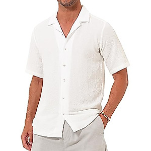 Alimens & Gentle Men's Seersucker Hawaiian Shirts Casual Short Sleeve Button Down Shirt for Men Summer Beach Shirt(White, Large)