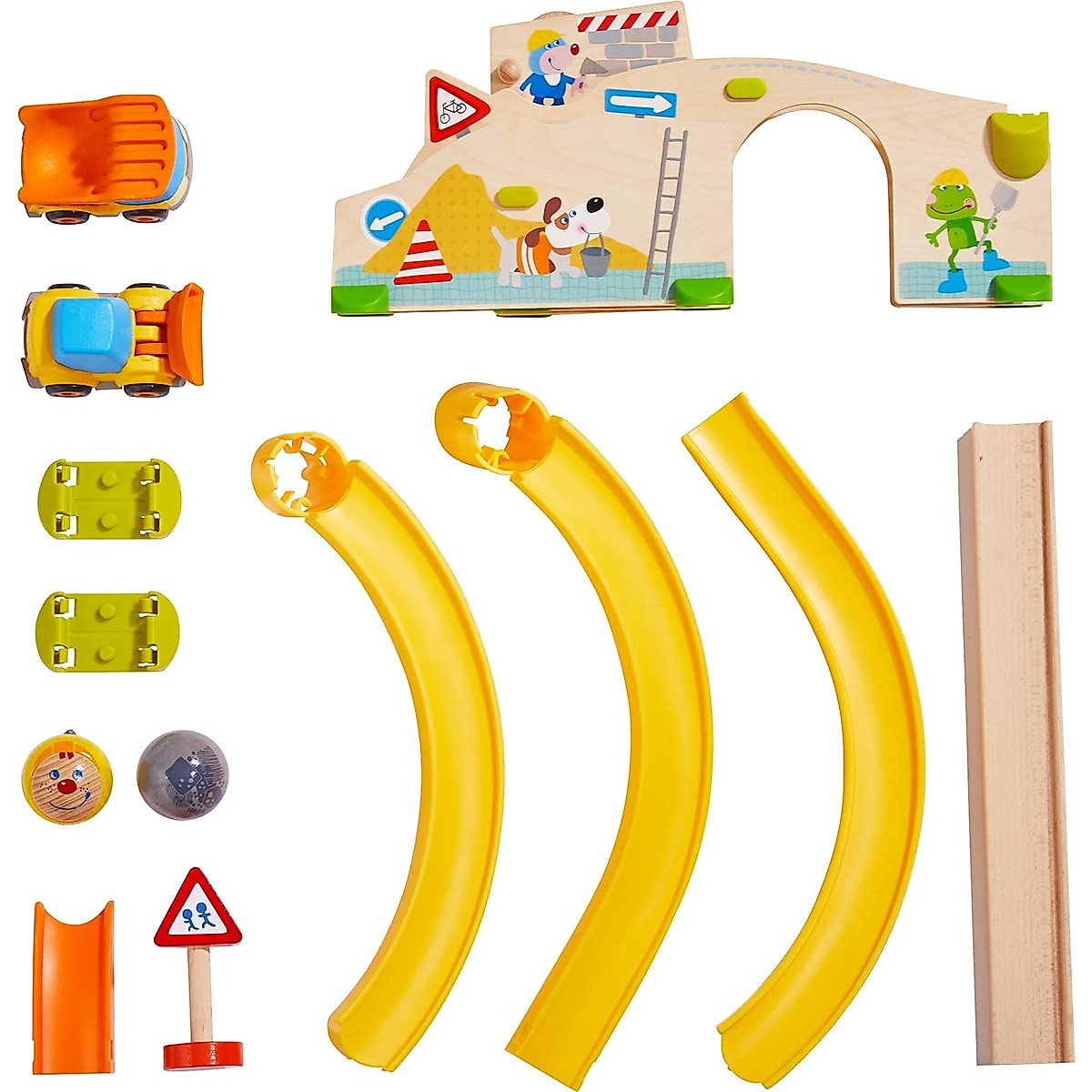 HABA Kullerbu at The Construction Site Play Track - 13 Piece Starter Set with 2 Vehicles and Fascinating Ball Drop - Ages 2 and Up