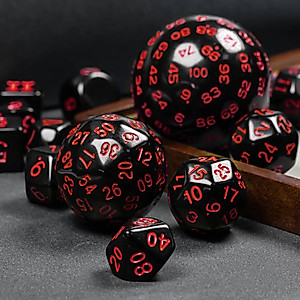 Poludie 15 Pieces Complete Polyhedral DND Dice Set D3-D100 Spherical D&D Dice Set with Dragon Eye Dice Bag, D100 Dice for Dungeons and Dragons, RPG, MTG Table Games(Black w/Red Numbers)