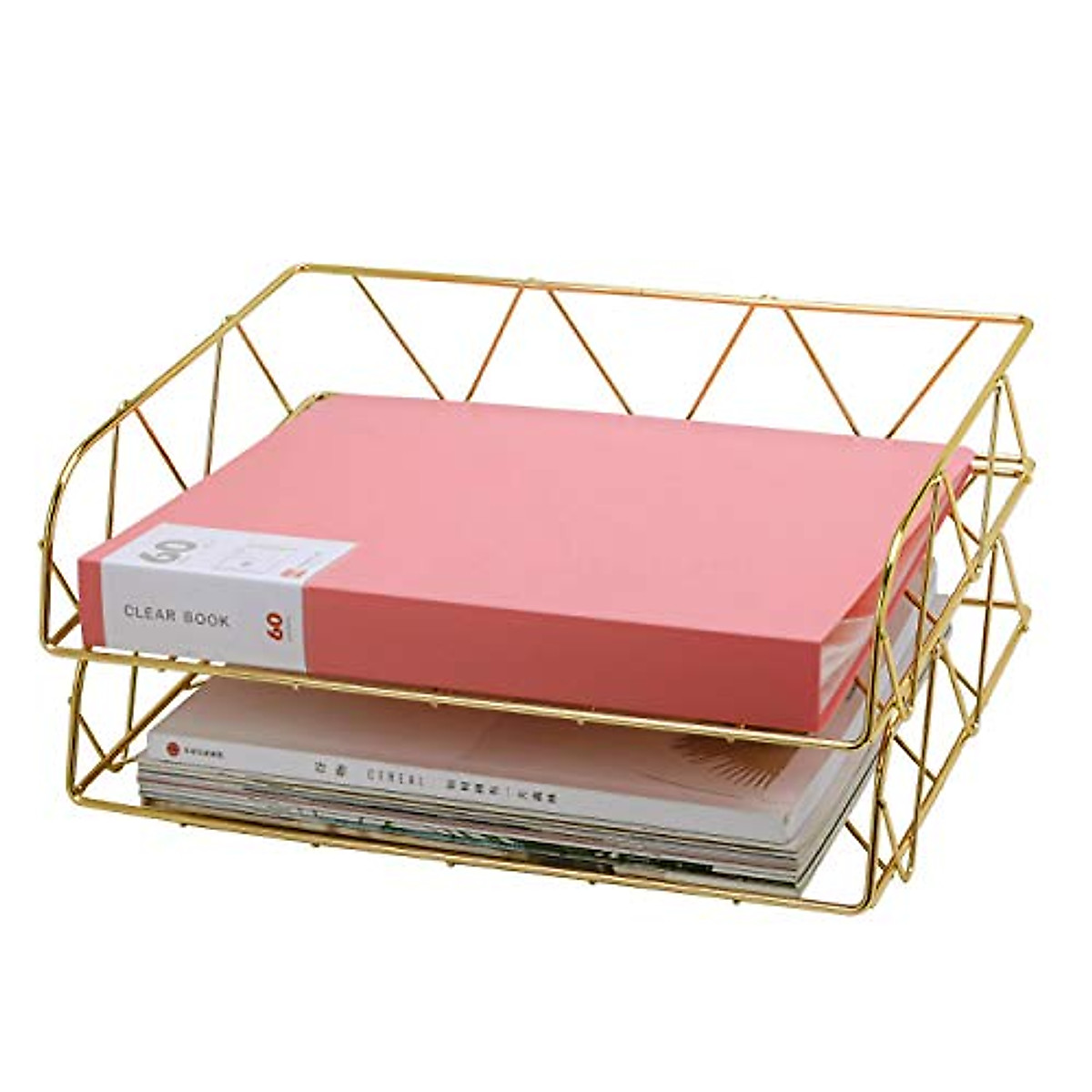 PAG 2 Packs Desktop File Organizer Metal Stackable Horizontal Letter Tray Paper Holder Rack, Gold