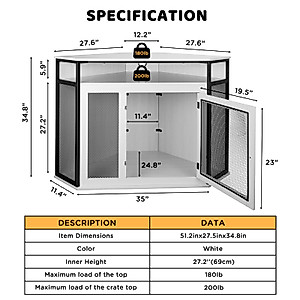 Dreamania Corner Dog Crate Furniture with Storage, 51.3" Upgraded Modern Dog Cage, End Table, Indoor Pet Crate Small Medium Large Dogs, White, Perfect for Limited Room