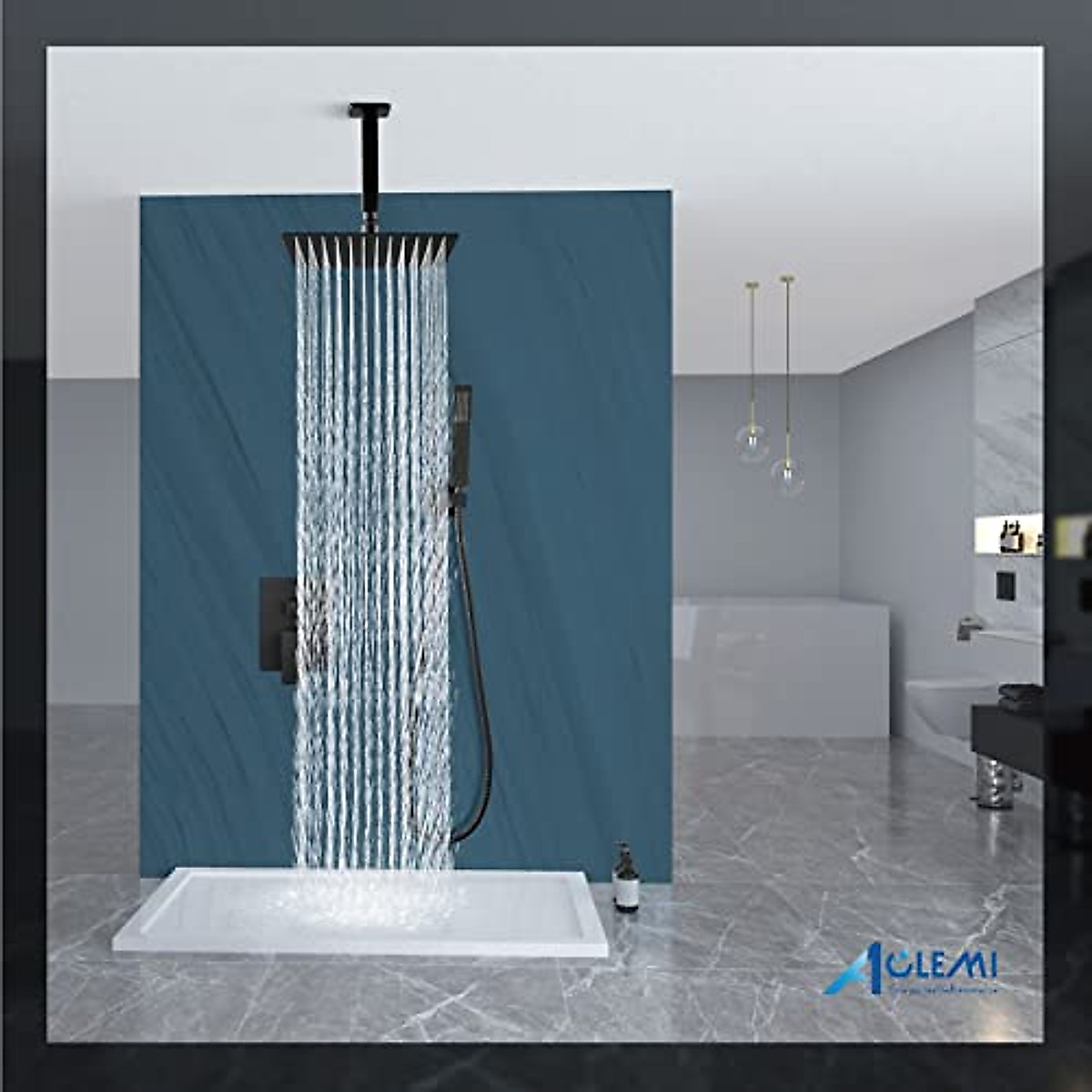 Aolemi Ceiling Mount Shower System, 12 Inch Rain Shower Head with Handheld Spray High Pressure Shower Faucet Set Rough-in Valve and Shower Trim Included Bathroom Matte Black Square Knob