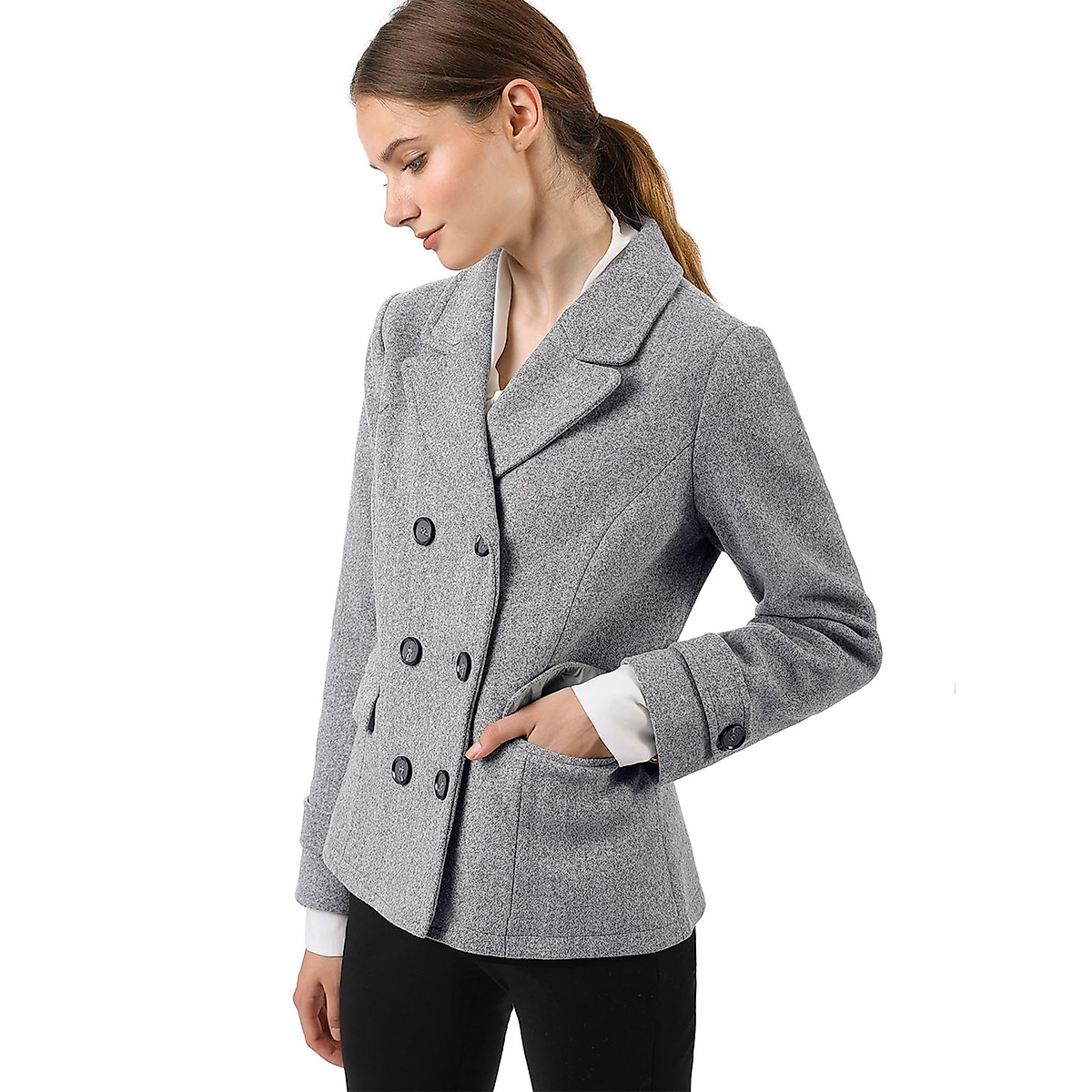 Allegra K Women's Notched Lapel Double Breasted Pea Coat Medium Grey