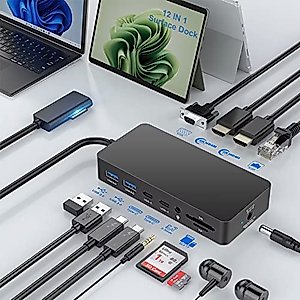 12 in 1 Surface Dock (2*HDMI +VGA), Microsoft Surface pro Docking Station Triple Display, Surface pro Accessories for Surface Pro 8/X/7/6/5/4/3, Surface Laptop 4/3/2/go, Surface Book 3/2, Surface Book