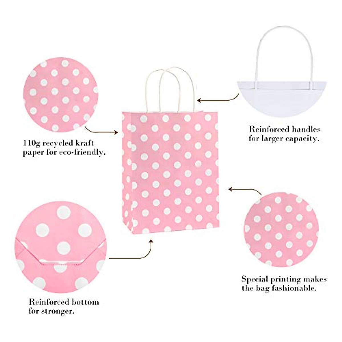 BagDream Gift Bags 25Pcs 8x4.25x10.5 Inches Shopping Bags, Paper Bags, Kraft Bags, Retail Bags, Holiday Party Bags, Pink Dot Paper Bags with Handles, Pink Paper Gift Bags