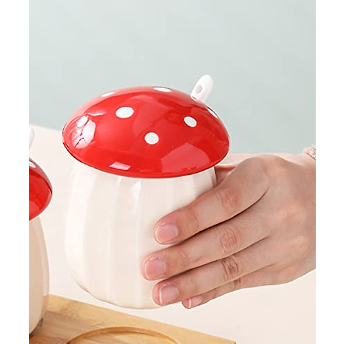 Mozacona Ceramic Mushroom Shape Sugar Bowl Spice Jar Seasoning Pot with Lid Spoon