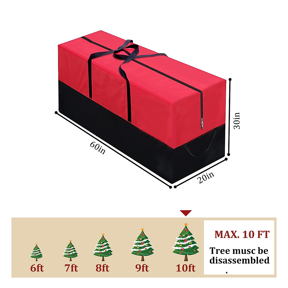 Christmas Tree Storage Bag, Fits Up 10 Ft Tall Artificial Trees-Heavy Duty Holiday Storage Box with Durable Reinforced Handles & Zipper & Transparent Pocket- 600D Oxford Tree Storage Container, Red