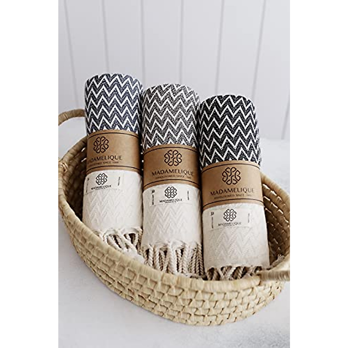 Madamelique Exclusive Hand Towels Set of 2-18 x 40 Inches - Decorative Bathroom Peshtemal Towel for Hand, Face, Hair, Yoga, Tea, Dishcloth, Kitchen and Bath - 100% Pure Cotton (Black)