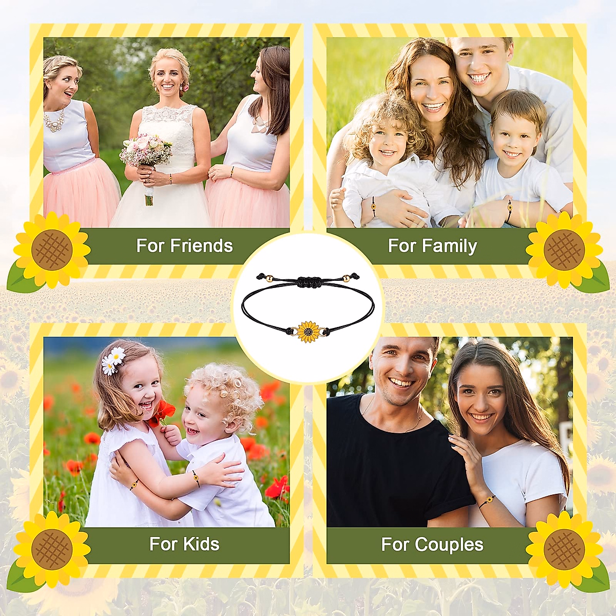 20 Pcs Sunflower Bracelets Adjustable Handmade Friendship Bracelet Bulk Boho Braided Rope String Bracelets for Women Teen Girls Couples Wrist Friend Gift Favors (Black)