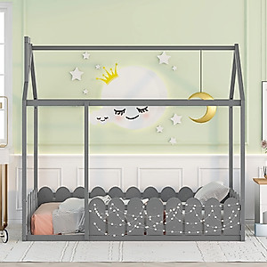 Harper & Bright Designs Twin House Bed Frame for Kids, Wood Twin Montessori Bed with Fence-Shaped Guardrails, Toddler Floor Bed Frames for Girls, Boys,Grey