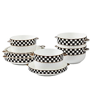 Porlien Checkered 8-Piece Plates and Bowls Set with Handles, Set of 2, Dessert/Cereal Bowls & Salad/Soup/Dessert Plates