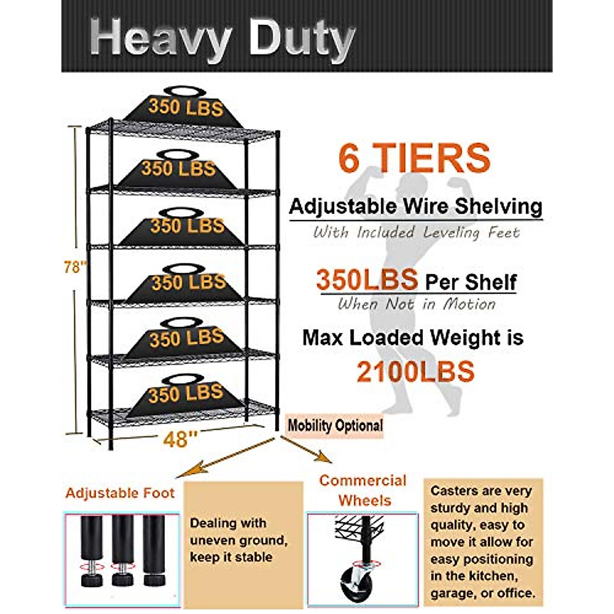 LLLstore 6-Tier Storage Metal Shelf Wire Shelving Unit 2100Lb Capacity Adjustable Heavy Duty Storage Rack with Wheels NSF Metal Shelf for Closet Kitchen Garage Basement, 82" H x 48" L x 18" D- Black