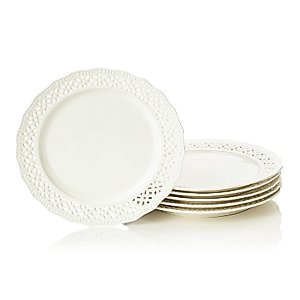 Magclay Ceramic Dinner Plates, Set of 6, 10.6 Inch Round Carved Plate, Scratch Resistant, Modern Dinnerware Dishes Set for Steak, Pasta, Party (White)