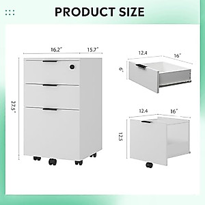 GOSROMS 3 Drawer File Cabinet with Lock & Charging Station, Wooden Move File Cabinet with Wheels, for Home Office, A4/Letter Size Files Under Desk - White