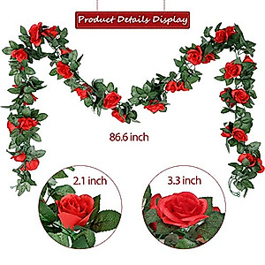 Syhood Artificial Rose Garlands Rose Vines Leaves Banners Hanging Fake Floral Garland Flower Vine for Wedding Arch Ceremony Home Garden Outdoor Party Wall Decorations, 14.4 ft(Red,2 Pieces)