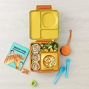 OmieBox Bento Box for Kids Insulated Bento Lunch Box with Leak Proof Thermos Food Jar, 3 Compartments + Yellow Blue Utensil Set with Case