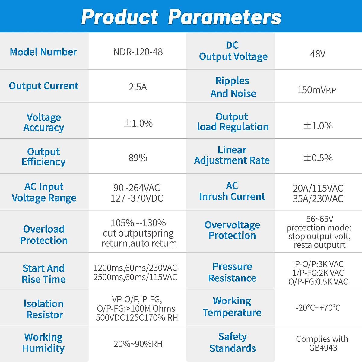 48V Power Supply NDR120-48;Input 100-240VAC;Output:48V 2.5A;110V 120V 220V Both;Din Rail