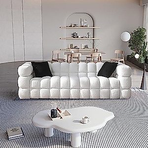 Melpomene Modern Boucle Sofa Couch, Cloud Sofa Upholstered 3 Seater Sofa with 2 Pillows and Wood Legs,Tufted Sofa for Bedroom, Office, Apartment(White)