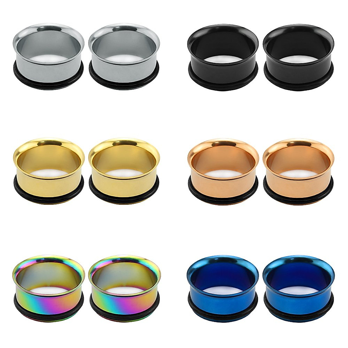 ZS 6 Pairs Surgical Stainless Steel Single Flare Tunnels Flesh Plugs Expander Ear Gauges with Silicone O-Rings (Gauge=00g(10mm))