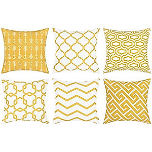 Yastouay Throw Pillow Covers Set of 6 Modern Decorative Throw Pillow Cases Geometric Pillow Covers Cushion Covers for Couch Sofa Bedroom Car (Yellow and White, 18 x 18 Inch)