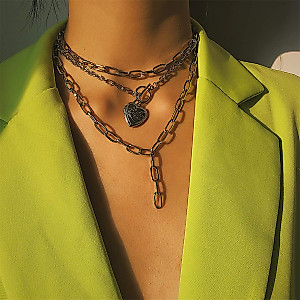 Ingemark Statement Cool Punk Chunky Chain Toggle Necklace for Women Heart Shaped Photo Locket Pendant Layered Heart Locket Necklace (Style 3 Silver)