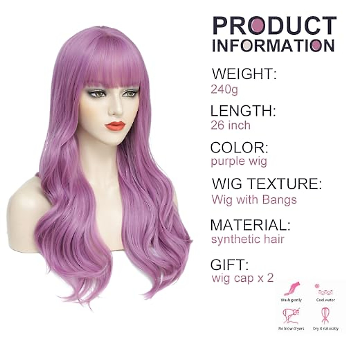 AISI QUEENS Long Purple Wigs for Women Purple Wig with Bangs Lavender Wig for Women Purple Wavy Wigs Purple Synthetic Heat Resistant Wigs for Daily Cosplay Party Winter Holiday Wig (26inch, Purple)