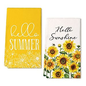 GEEORY Kitchen Towels for Summer Decor Hello Summer Sunflowers Dish Towels 18x26 Inch Ultra Absorbent Bar Drying Cloth Hand Towel for Kitchen Bathroom Party Home Decorations Set of 2