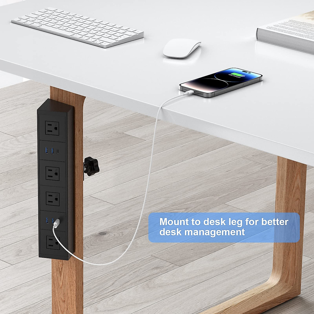 Desk Clamp Power Strip with 20W USB C,USB Total 40W Desk Edge Power Strip,4 Wide Spaced Tamper Resistant AC Outlets,2 USB-C,4 USB-A,6ft Flat Plug Cord,Fit 2.1" Tabletop Edge