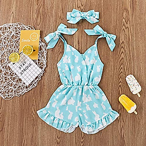 Flashing boy One-Piece Toddler Kid Baby Girl Easter Outfit Bowknot Strap Romper Ruffle Bunny Print Jumpsuit Headband (Blue-Rabbit, 3-4 Years)