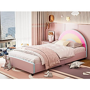 IKIFLY Twin Size Kids Bed, Children Upholstered Twin Platform Bed Frame with Curved Headboard, Pink Toddler Bed for Boys & Girls, Teens, No Box Spring Needed - Rainbow Design