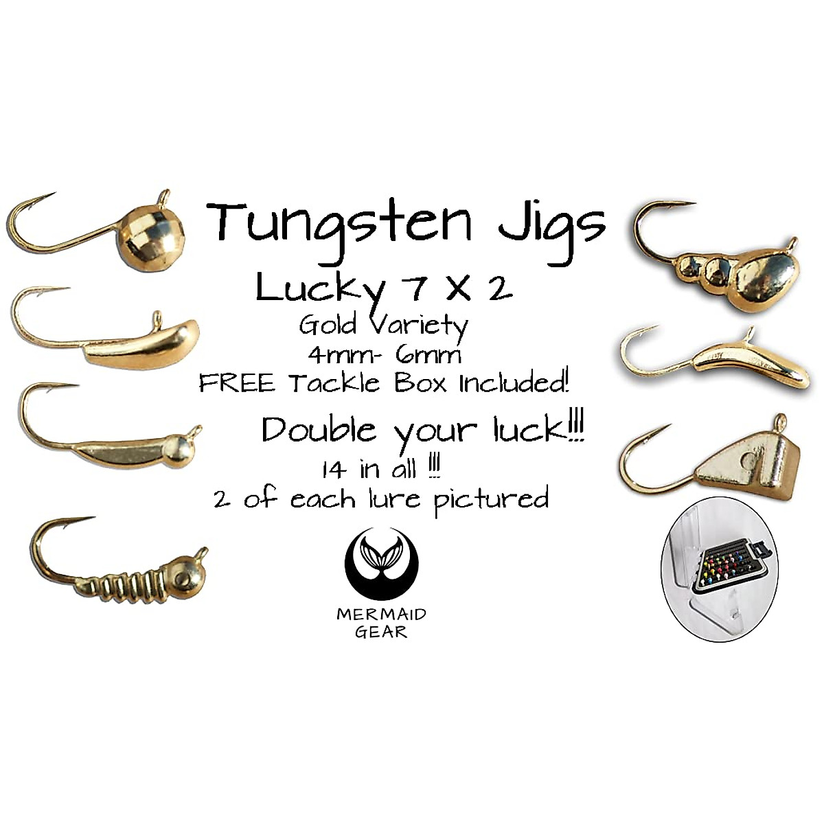 Tungsten Ice Fishing Jigs - Lucky 14 Pack Gold 4-6mm Free Tackle Box Case Included 1-2gm #8-10 Hook Lure Bait Walleye Crappie Panfish Trout