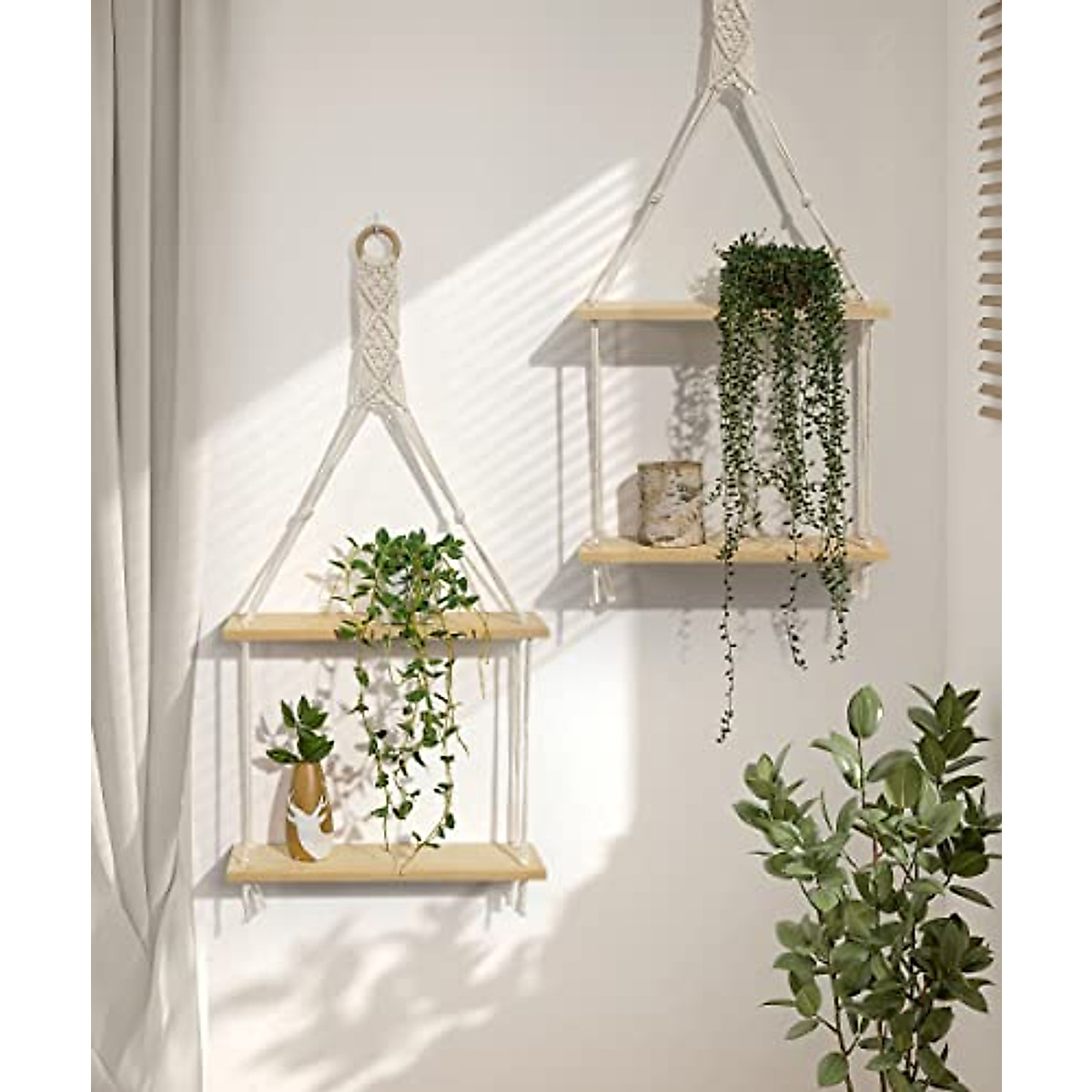 Afuly Macrame Hanging Shelves Wall Floating Shelf Natural Wood Chic Boho Decor 2 Tiers Pine Wood Cotton Rope Beige for Bedroom Bathroom Living Room Decor Ready to Hang, Beige