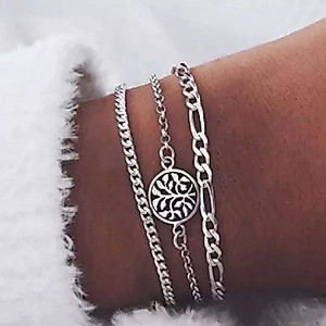 Sakytal Boho Layered Link Bracelets Silver Stackable Bracelet Set Circle Stacking Bracelet for Women(5PCS)