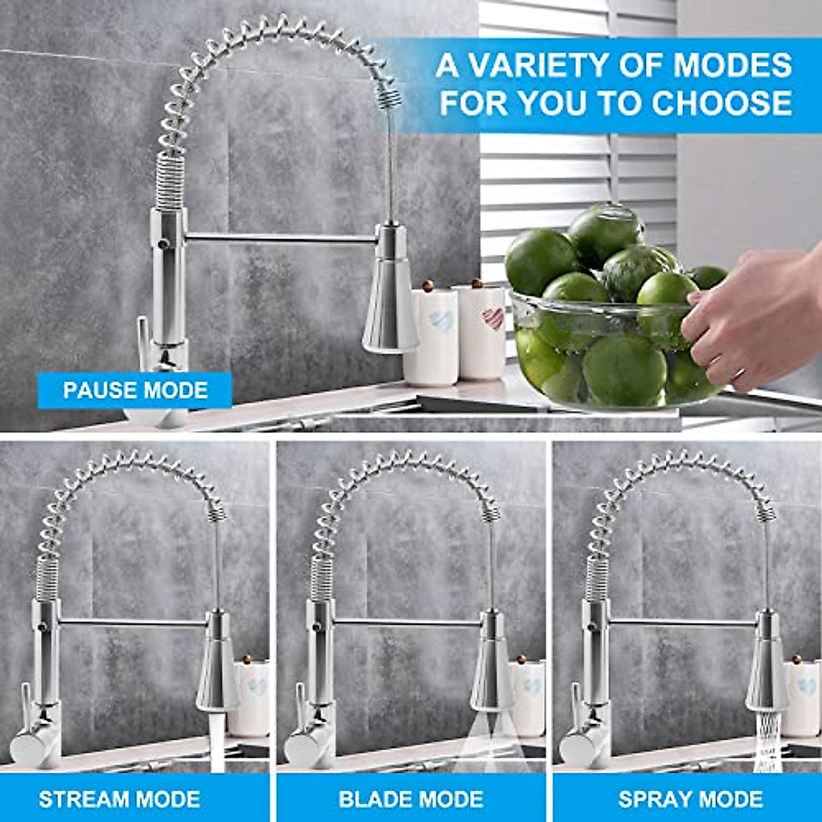 Silver Kitchen Faucet Commercial Solid Brass Brushed Nickel Kitchen Tap - 3 Spray Modes Kitchen Sink Faucets, Single Handle 360º Swivel Single Hole Kitchen Faucet