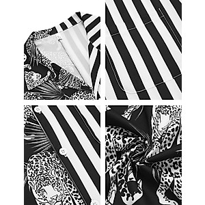 COOFANDY Men Striped Short Set Hawaiian Floral Short Sleeve Shirt Beach Set Outfits Black Leopard