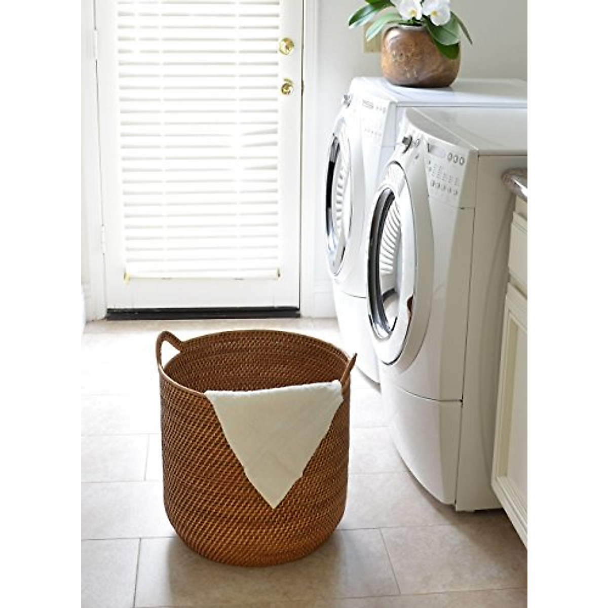 KOUBOO 1060095 Laguna Round Ear Handles, Honey-Brown Rattan Storage Basket