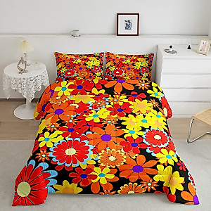 Retro Floral Boho Comforter Set Groovy Flower Bedding Set for Kids Teens 60S 70S 80S Hippie Flowers Bohemian Comforter Orange Duvet Set Decor Quilt 3Pcs Queen Size Boys