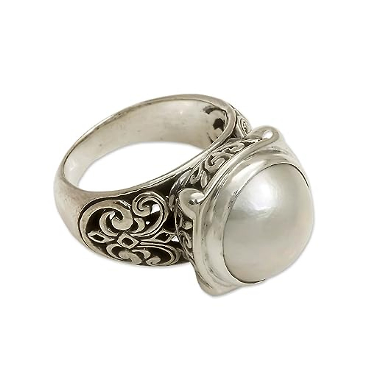 NOVICA Artisan Handmade Cultured Pearl Cocktail Ring Mabe Sterling Silver White Indonesia Birthstone Moon [crownbezel 0.6 in L x 0.6 in W x 0.5 in H Band Width 5 mm W] ' Graceful Moon'