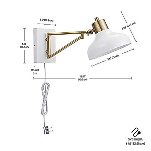 Globe Electric 51344 1-Light Plug-in or Hardwire Swing Arm Wall Sconce, White, Brass Accents, White Cloth Cord, Wall Lighting, Wall Lights for Bedroom, Kitchen Sconces Wall Lighting, Home Décor
