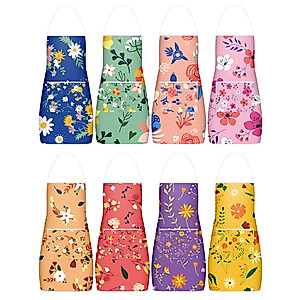 8 Pcs Floral Aprons for Women Retro Kitchen Aprons with Pocket Various Flowers Cooking Apron Vintage Apron Dress for Gardening Baking Birthday Christmas Thanksgiving Gift Mom Wife Grandma, 8 Styles