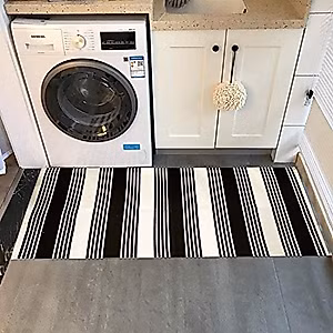 ABREEZE Black and Cream White Striped Rug Runner BlackCotton Woven Porch Rug Farmhouse Striped Outdoor Indoor Rugs Washable Door Mat for Porch Layered Kitchen Bathroom Laundry Room 2' x 4.3