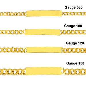 Id Bracelet - Unique Jewelry Gift for Her and Him -14k Yellow Gold Curb Bar Bracelets–Free Customizable Personalized Engraving Name-Brazalete Con Place 14k Oro -Size 6'' - Gauge 60 to 120 (Gauge 150)