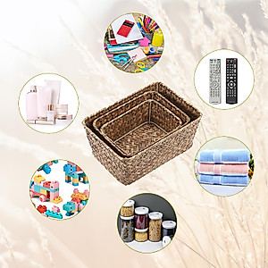 OGANAZI Small Woven Wicker Open Storage Baskets, Set of 3 Natural Seagrass Baskets Rectangular Basket Bins Woven Baskets for Shelf Closet Bedroom (Coffee)