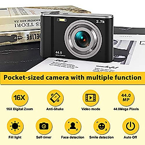 Digital Camera, Lecran FHD 2.7K 44.0 Mega Pixels Vlogging Camera with 16X Digital Zoom, 2.88" IPS Screen, Compact Portable Mini Cameras for Students, Teens, Kids (Black)