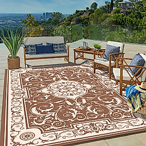 nalone Reversible Plastic Straw Rug, New York Patio Country Retro Transitional Geometric Outdoor Area Rug for RV, Camping, Deck, Picnic (6'X9', Beige&Brown)