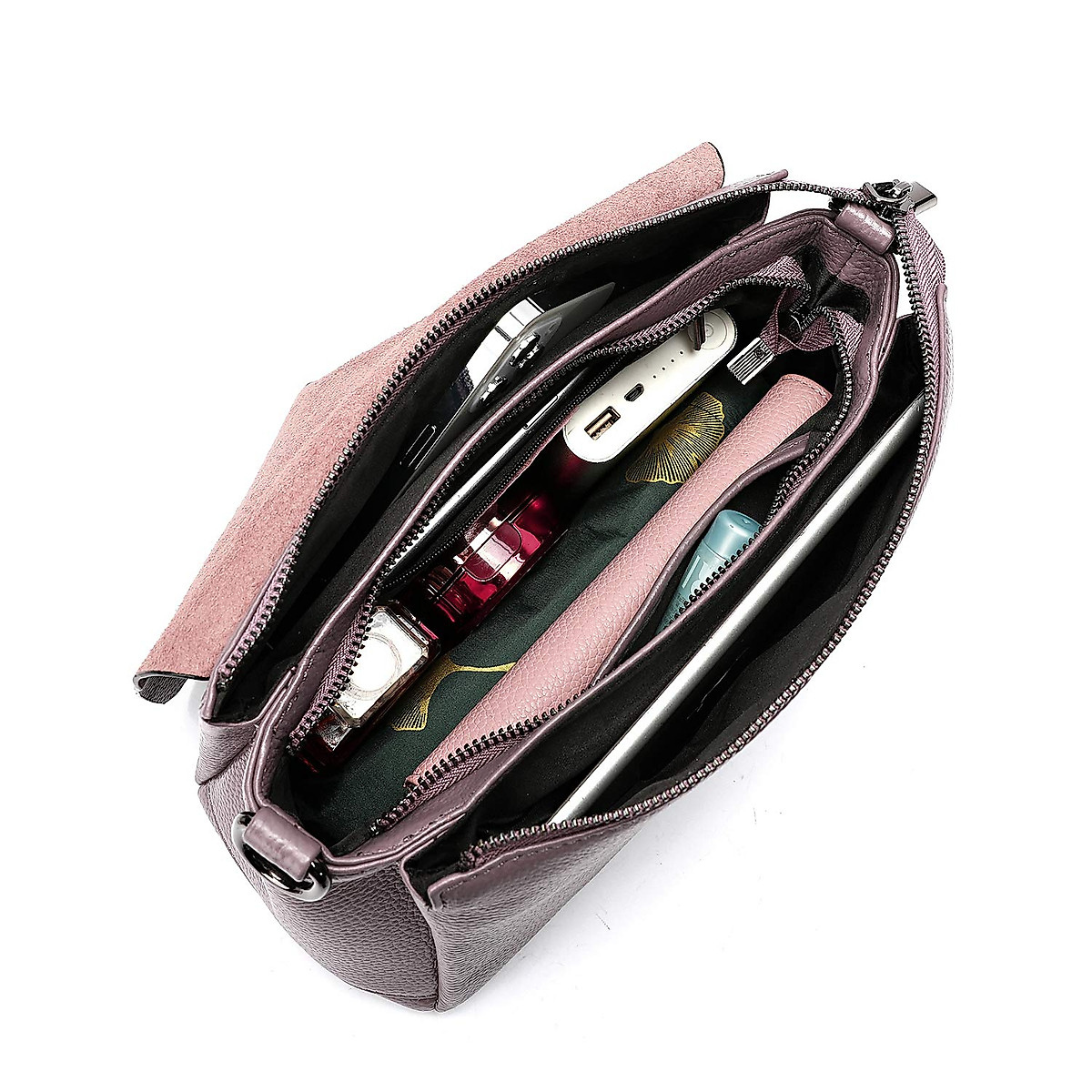 100% Women genuine leather small shoulder bag purse soft full grain leather middle aged lady crossbody bag handbag (Purple)