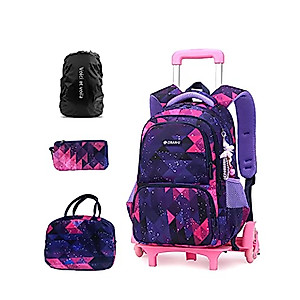 Voici et Voila 4Pcs Rolling Backpack Kids Backpack with Wheels Girls 6 Wheels Backpack on Wheels Gradient Geometric Trolley Rolling School Backpack Multi-Function Breathable Elementary School