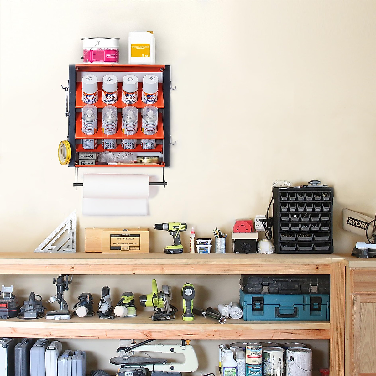 TORACK Spray Paint Can Holder with Paper Towel Holder, Wall Mount Heavy Duty Metal Spray Bottle Holder for Garage, Paint Can Storage Rack for Shop, Holds Up to 100LBS