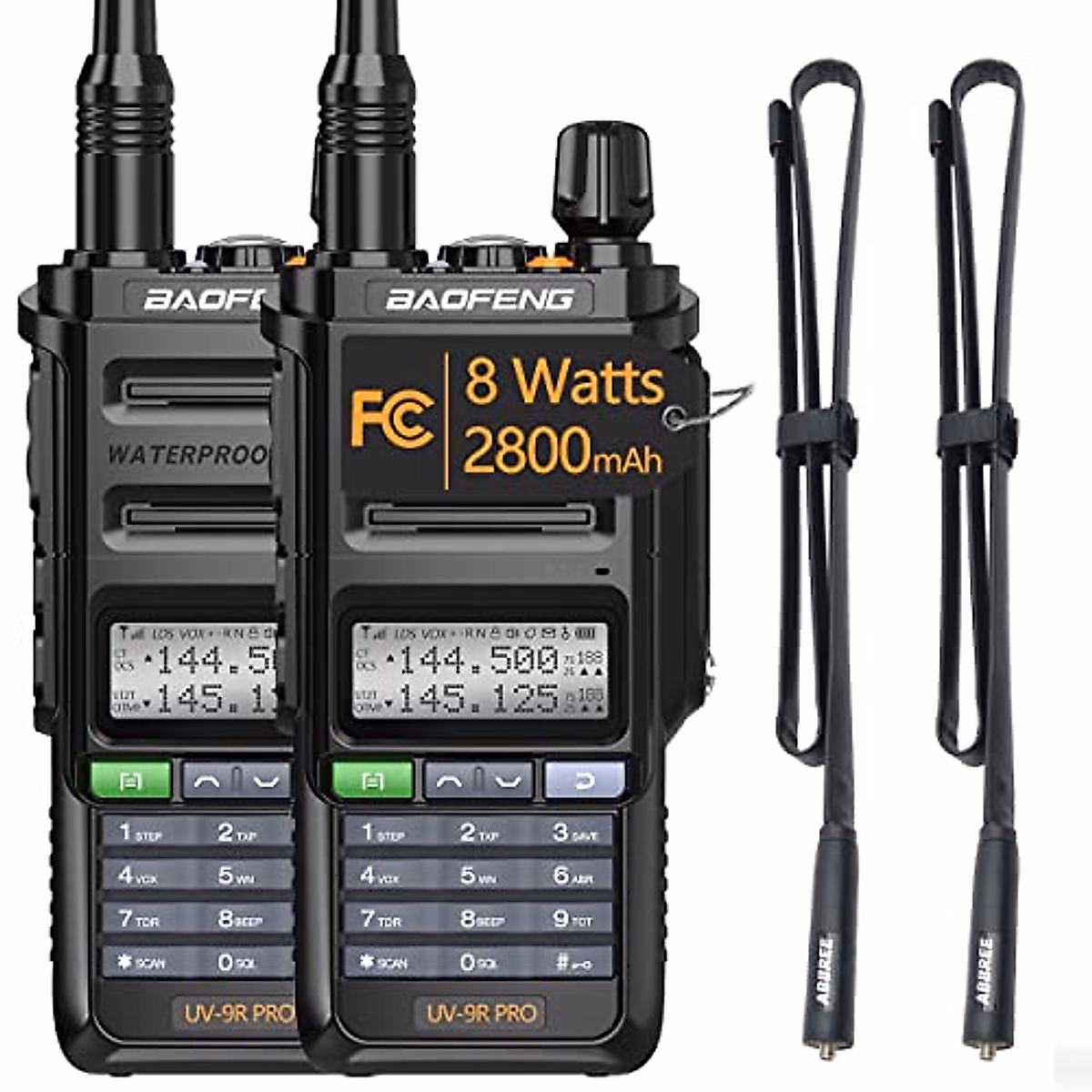 2Pack BAOFENG UV-9R PRO Tri-Power Dual Band IP67 Waterproof Two-Way Radio Long Range Rechargeable Walkie Talkie with Extra ABBREE 42.5inch Tactical Antenna