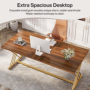 Tribesigns 63" x 31.5" Large Computer Desk, Modern Wood Home Office Desk, Computer Table Executive Desk, Study Writing Table Workstation for Living Room Bedroom Office, Brown + Gold Metal Frame